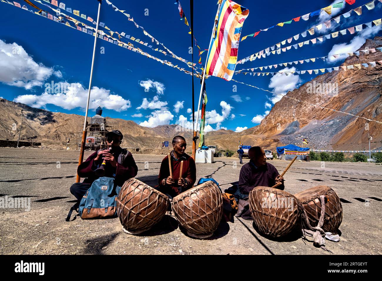 Ladakhi men playing daman drums at a high lama teaching, Lingshed ...