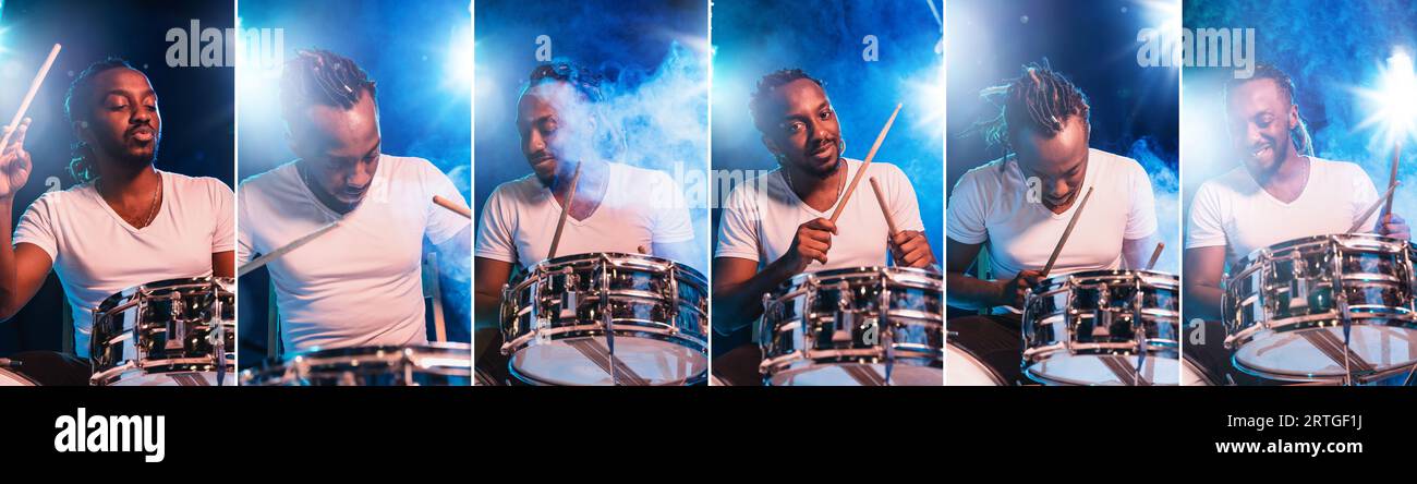 Collage. Young african-american jazz musician or drummer playing drums ...