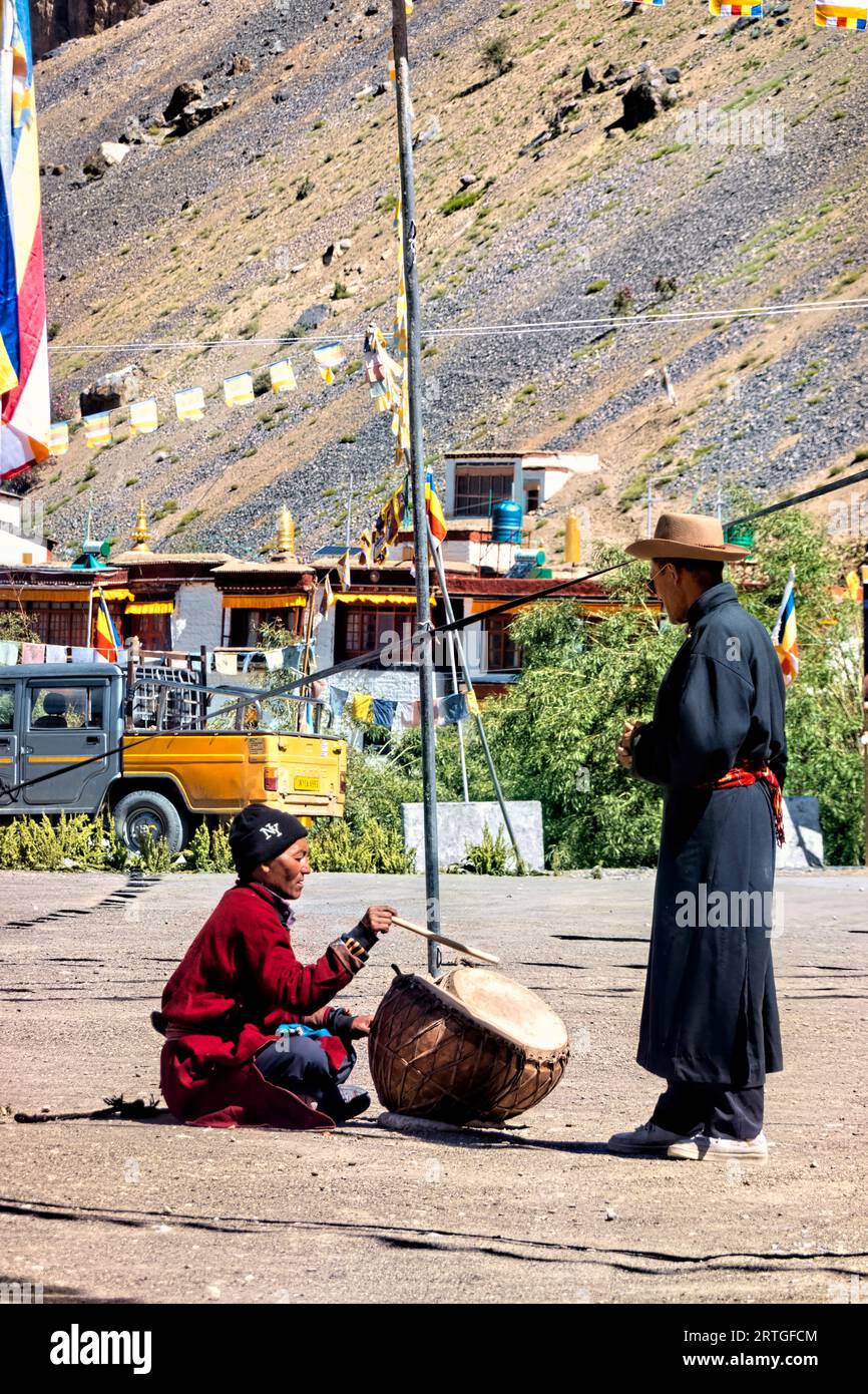 Ladakhi man playing daman drum at a high lama teaching, Lingshed ...