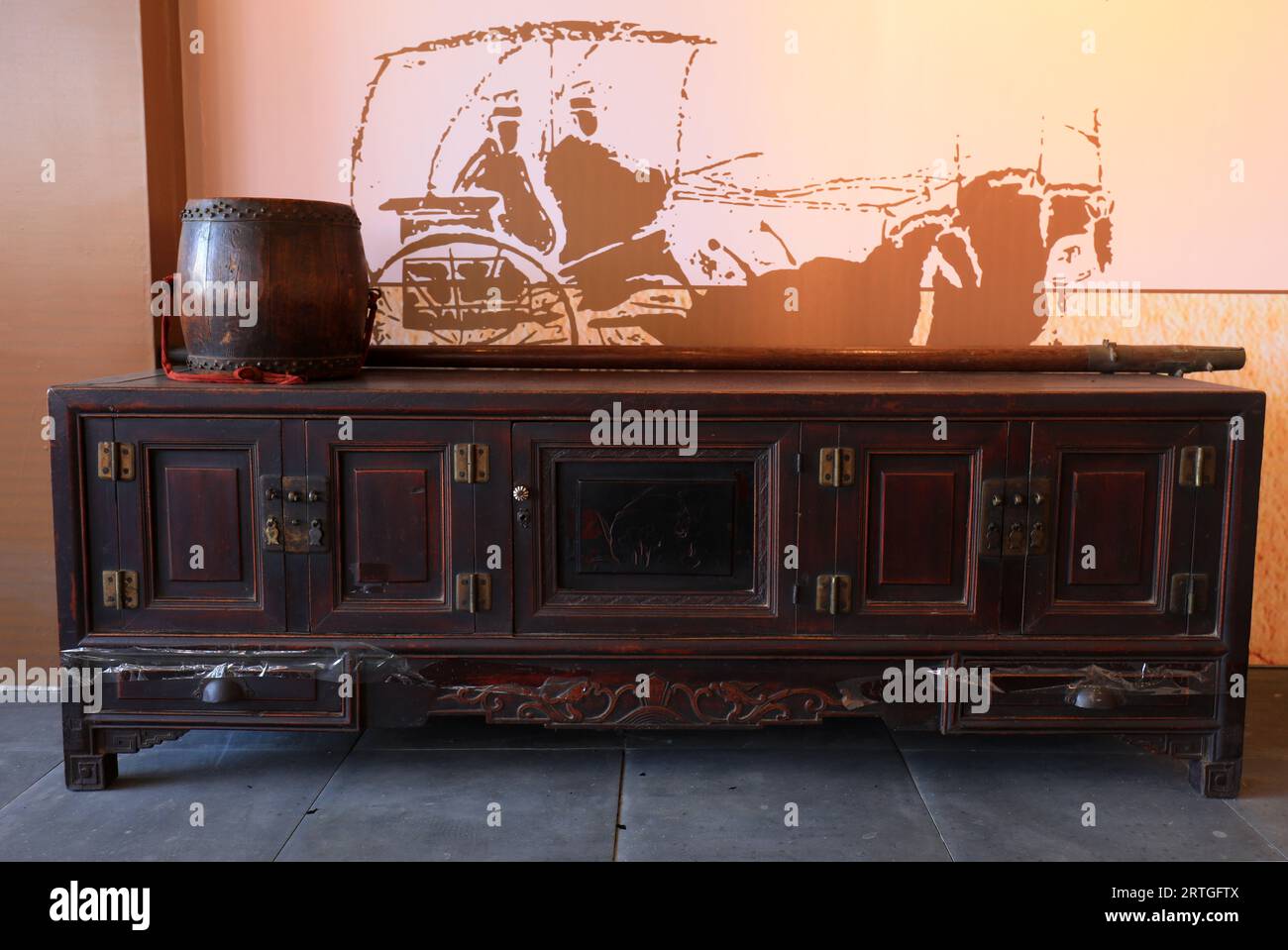 Classical wooden cabinets are in an exhibition hall, North China Stock ...