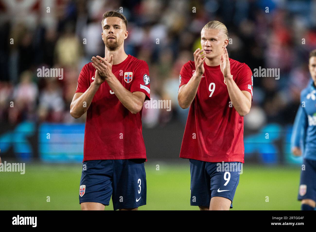 Oslo, Norway. 12th Sep, 2023. Kristoffer Ajer (3) and Erling Haaland (9 ...