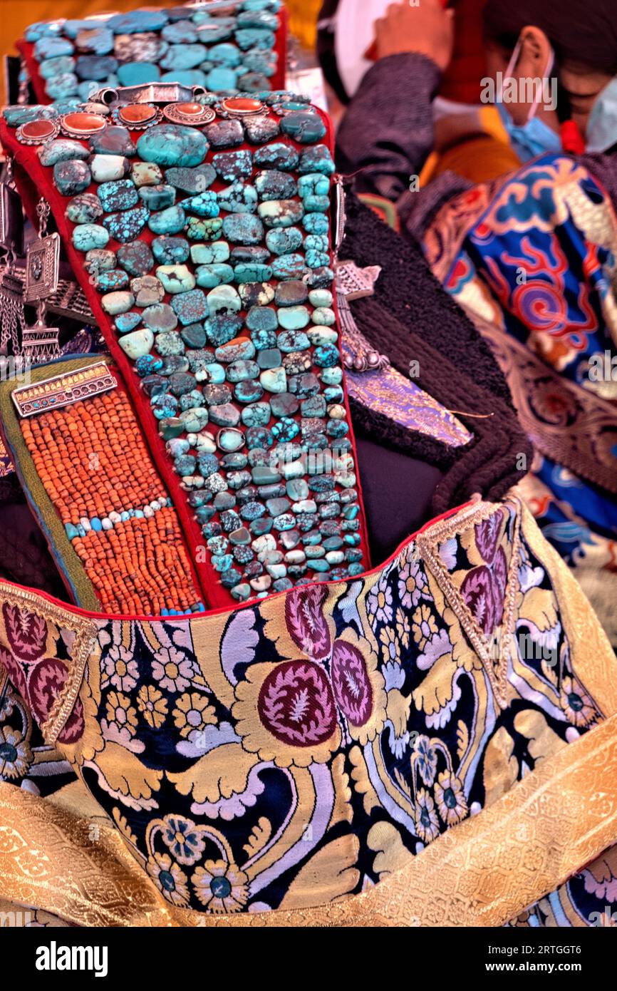 Ladakhi woman's traditional clothing (perak headdress) at a high lama ...