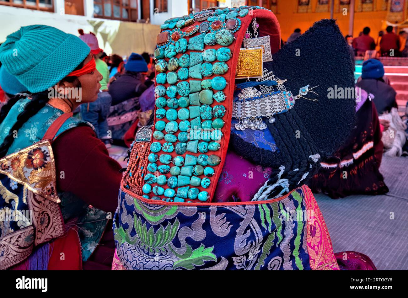 Ladakhi woman in traditional clothing at a high lama teaching, Lingshed ...
