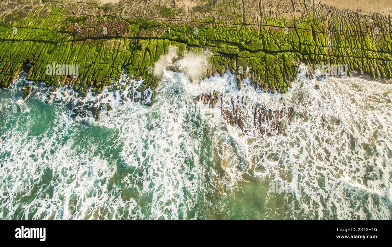 A scenic ocean beach with a lush green patch of shallow water Stock ...