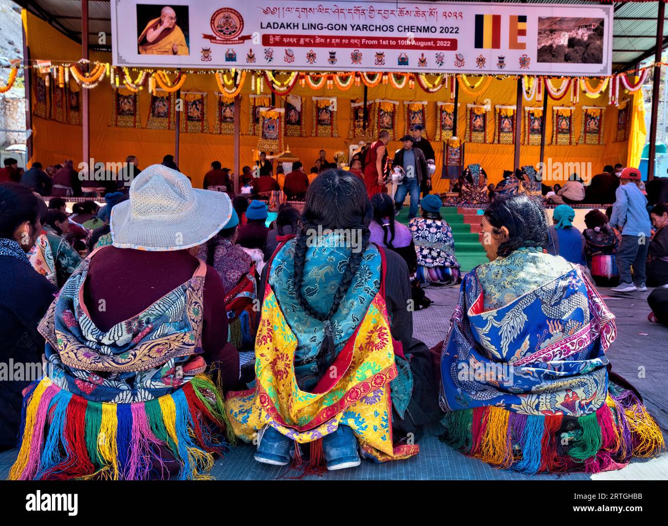 Ladakhi women in traditional clothing at a high lama teaching, Lingshed ...