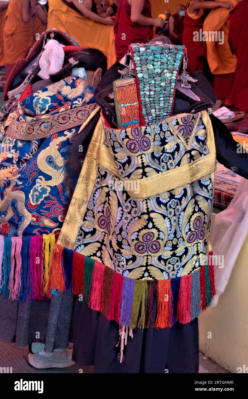 Ladakhi women in traditional clothing at a high lama teaching, Lingshed ...