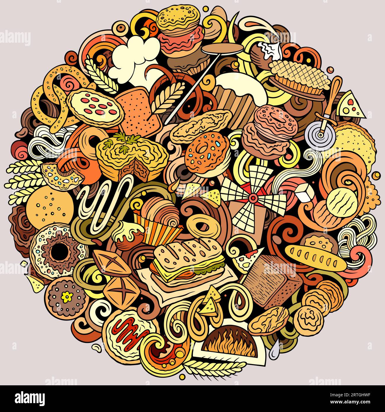 Cartoon vector Bakery doodle illustration features a variety of ...