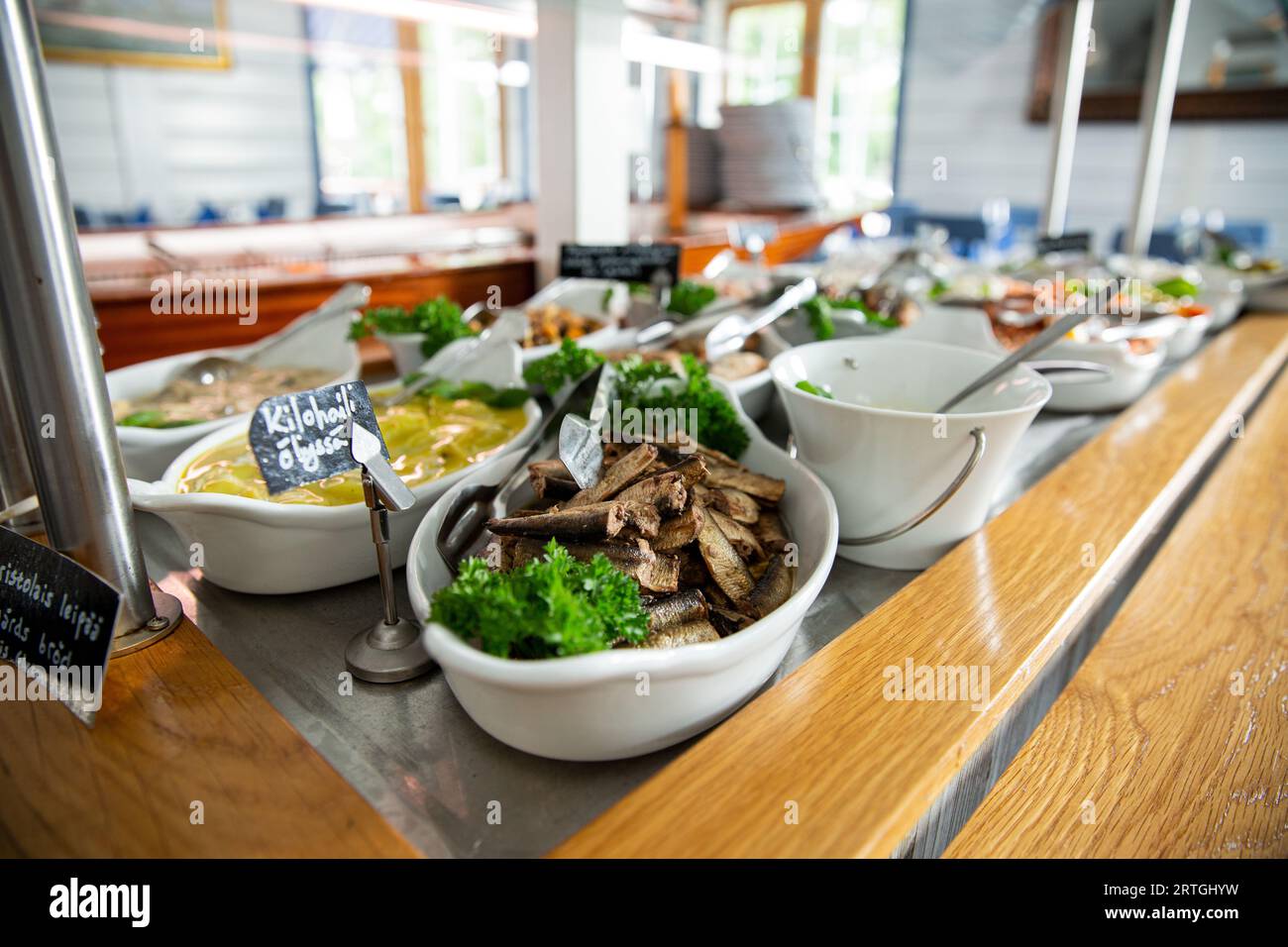 Variety fish dishes served buffet lunch. Healthy seafood dinner ...