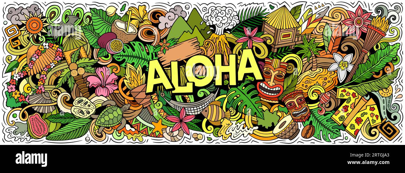 Vector illustration with Aloha Hawaii theme doodles. Vibrant and eye ...