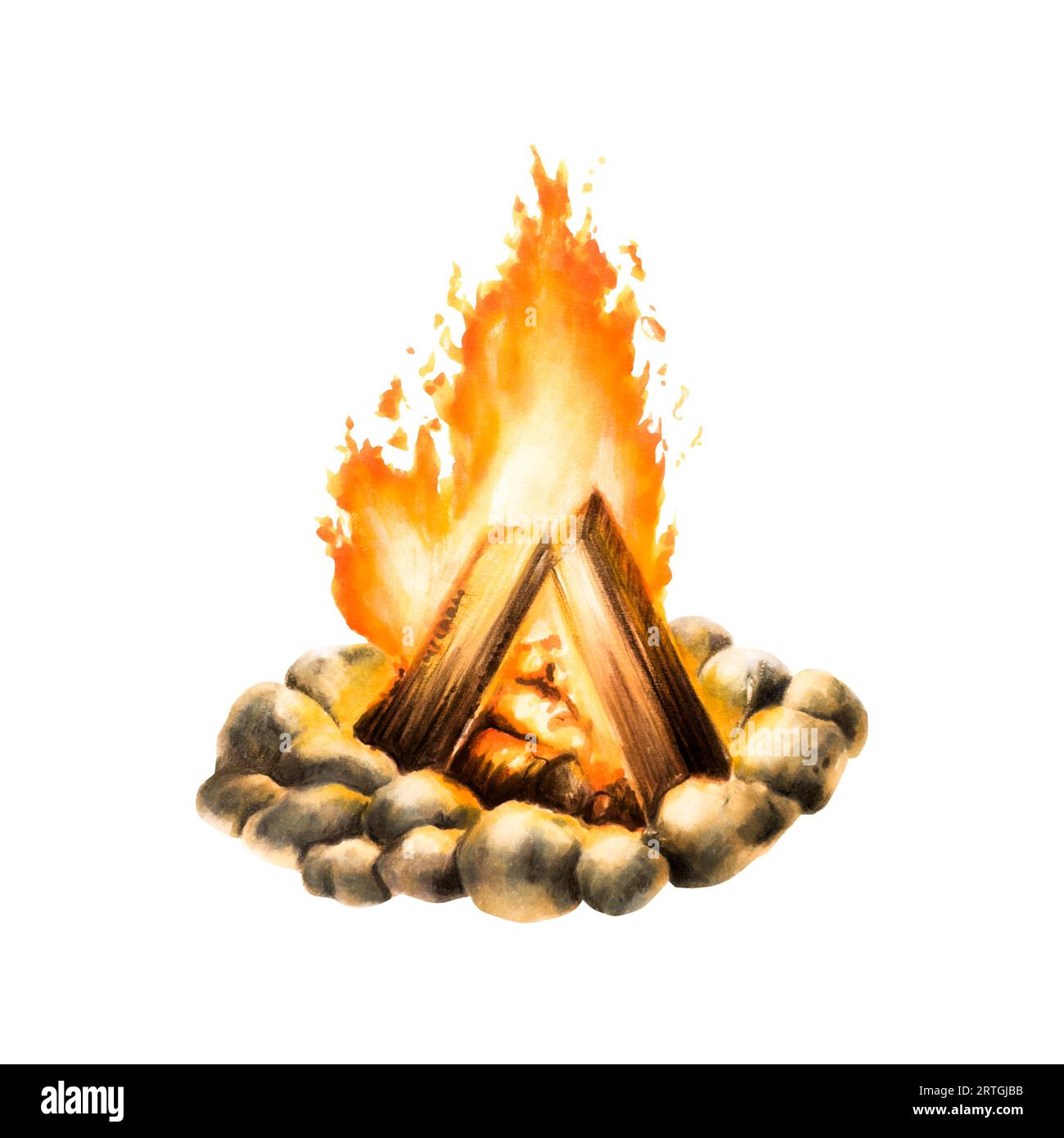Watercolor campfire illlustration. Camping equipment for recreation ...