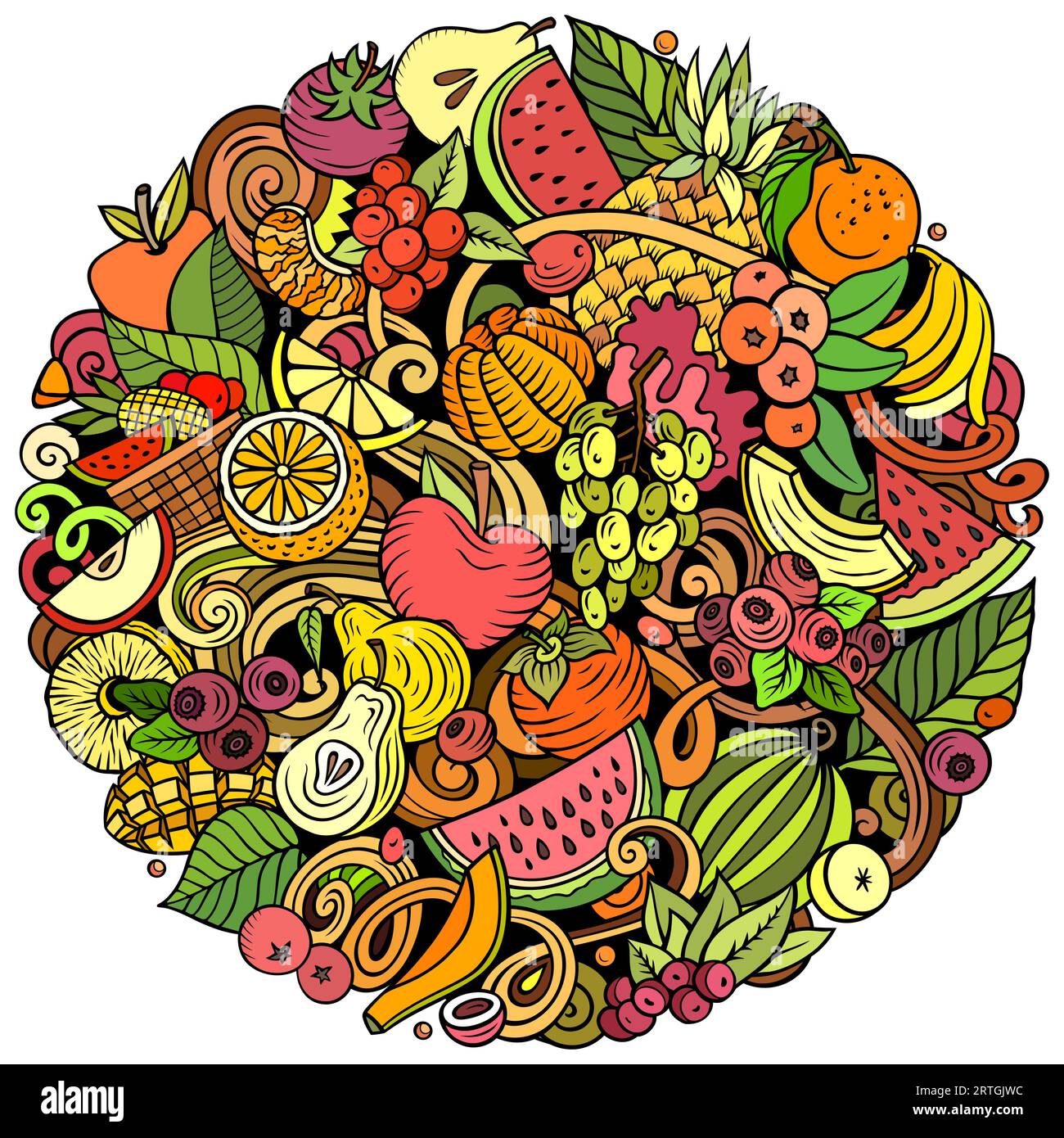 Fresh Fruits cartoon vector doodles round illustration. Nature food ...