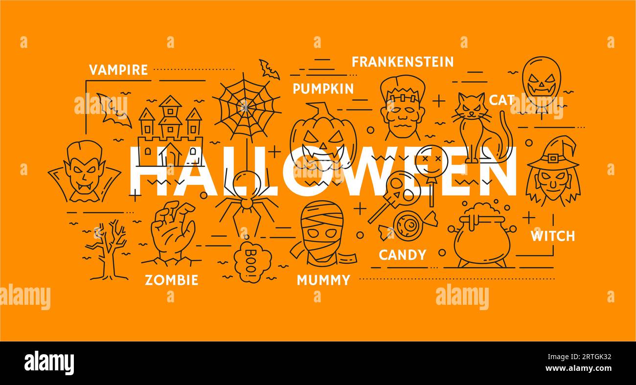 Halloween holiday characters in line art banner with pumpkin lanterns ...