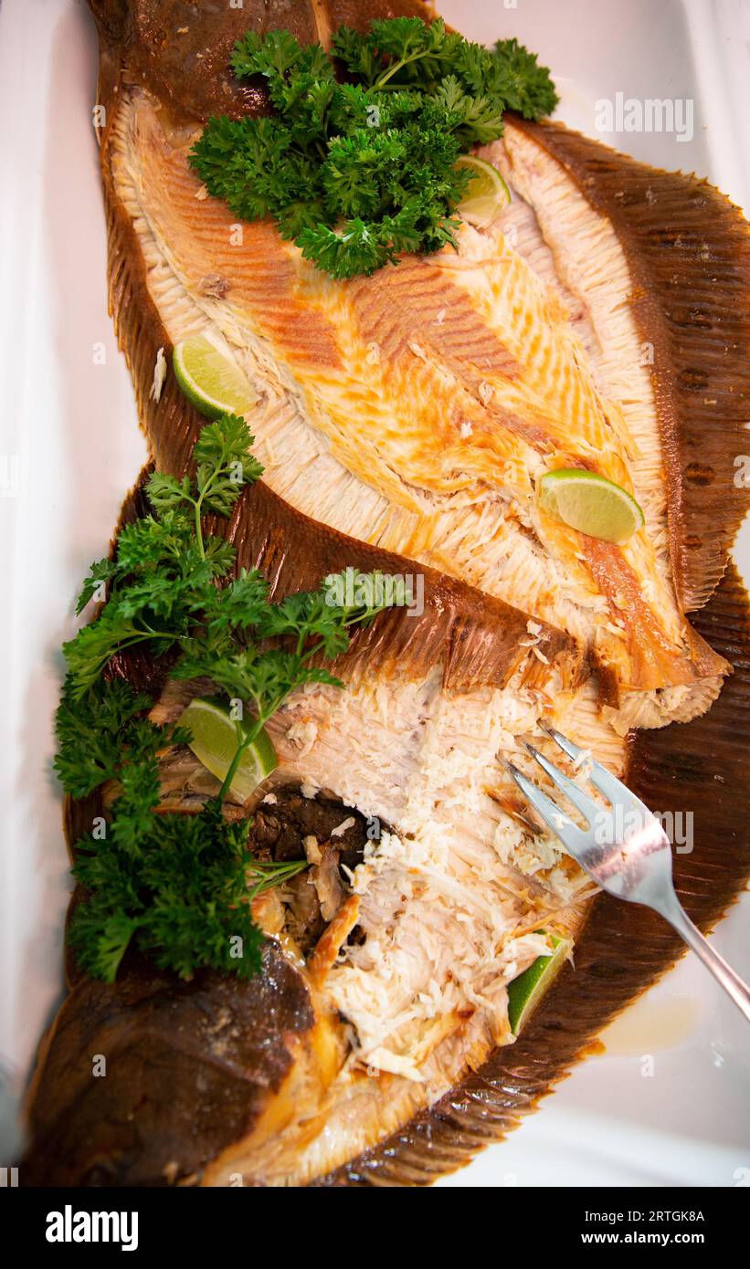 Dish with the smoked European flounder (Baltic flounder) on the buffet ...