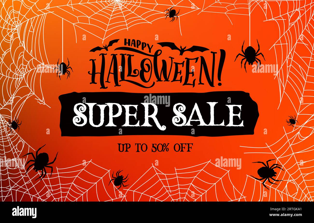 Halloween super sale banner with black spiders and cobweb. Vector promo ...