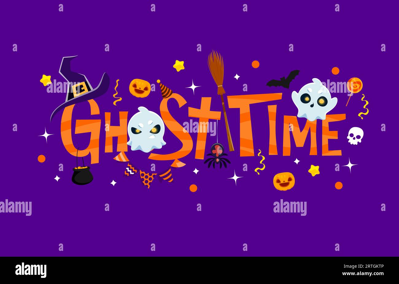 Halloween holiday ghost time banner. Witch hat, kawaii ghosts ...