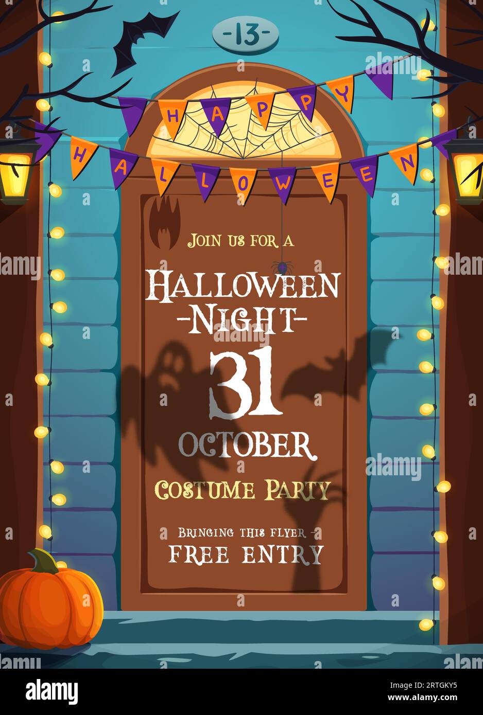 Halloween party flyer with decorated holiday door and porch, garland ...