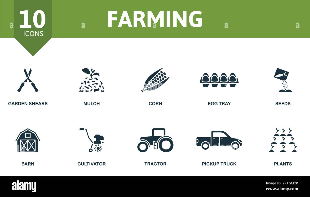 Farming set. Creative icons: garden shears, mulch, corn, egg tray ...