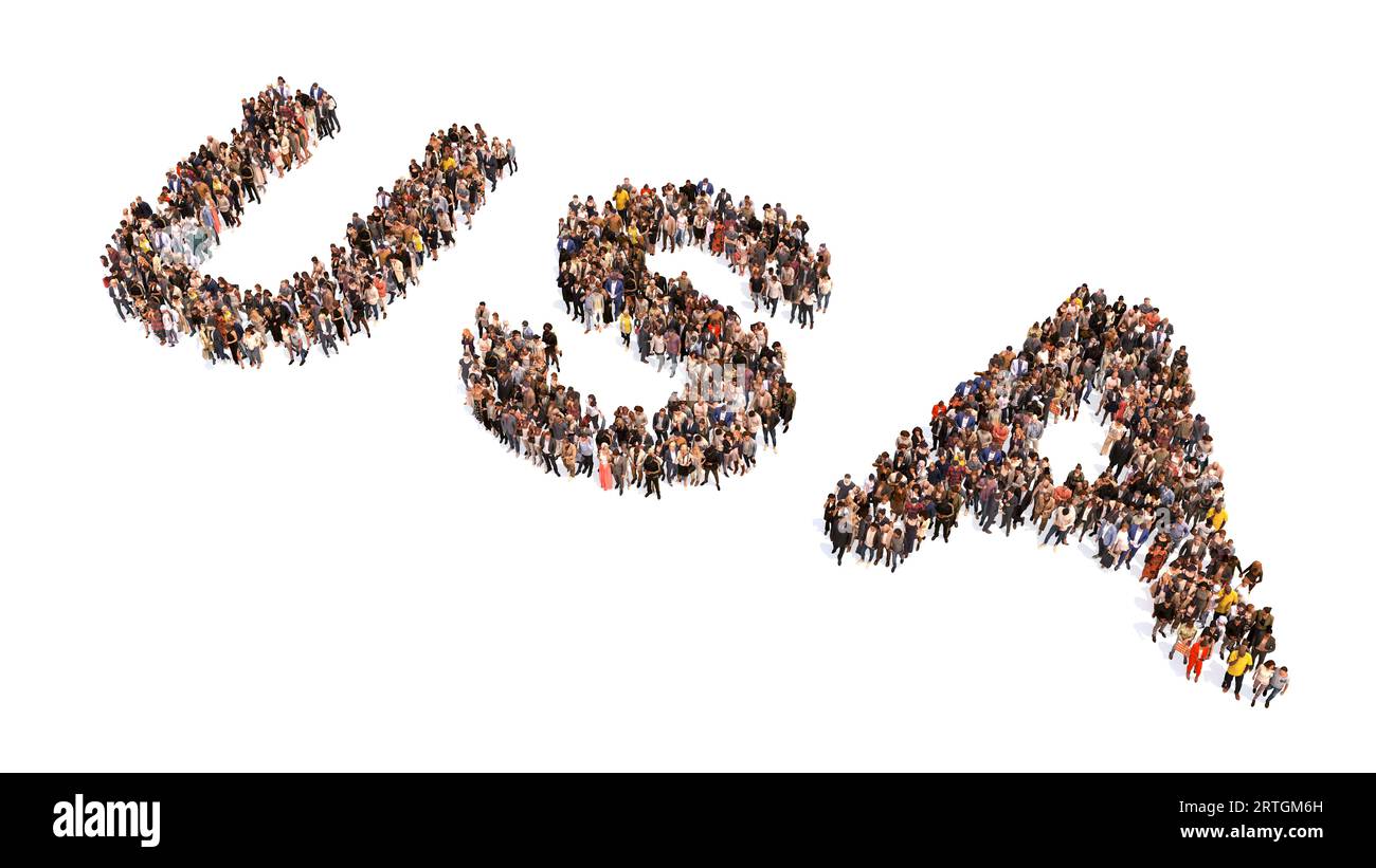 Concept conceptual large community of people forming USA name. 3d ...