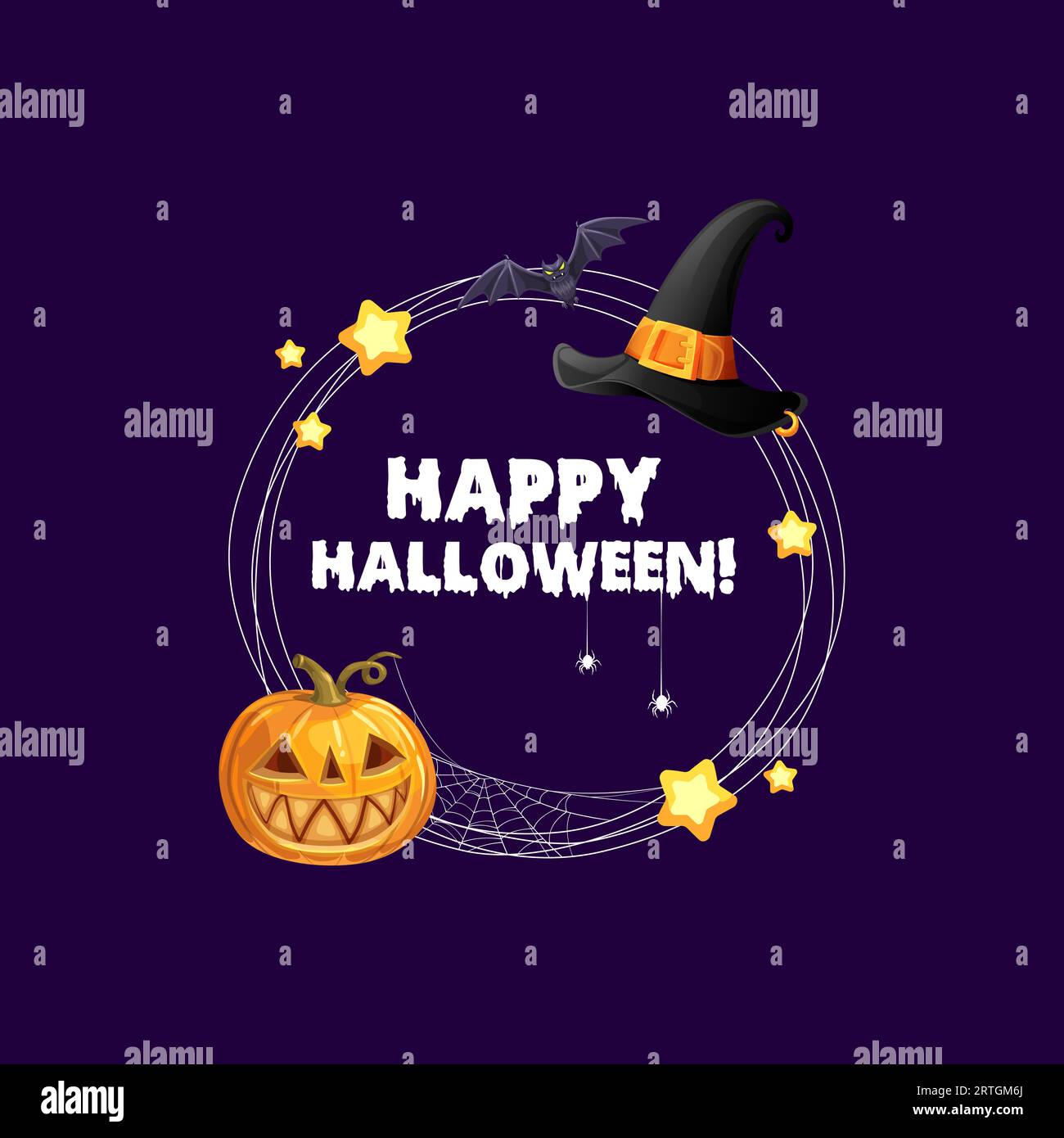 Halloween holiday frame with witch hat, bat and pumpkin. Vector round ...