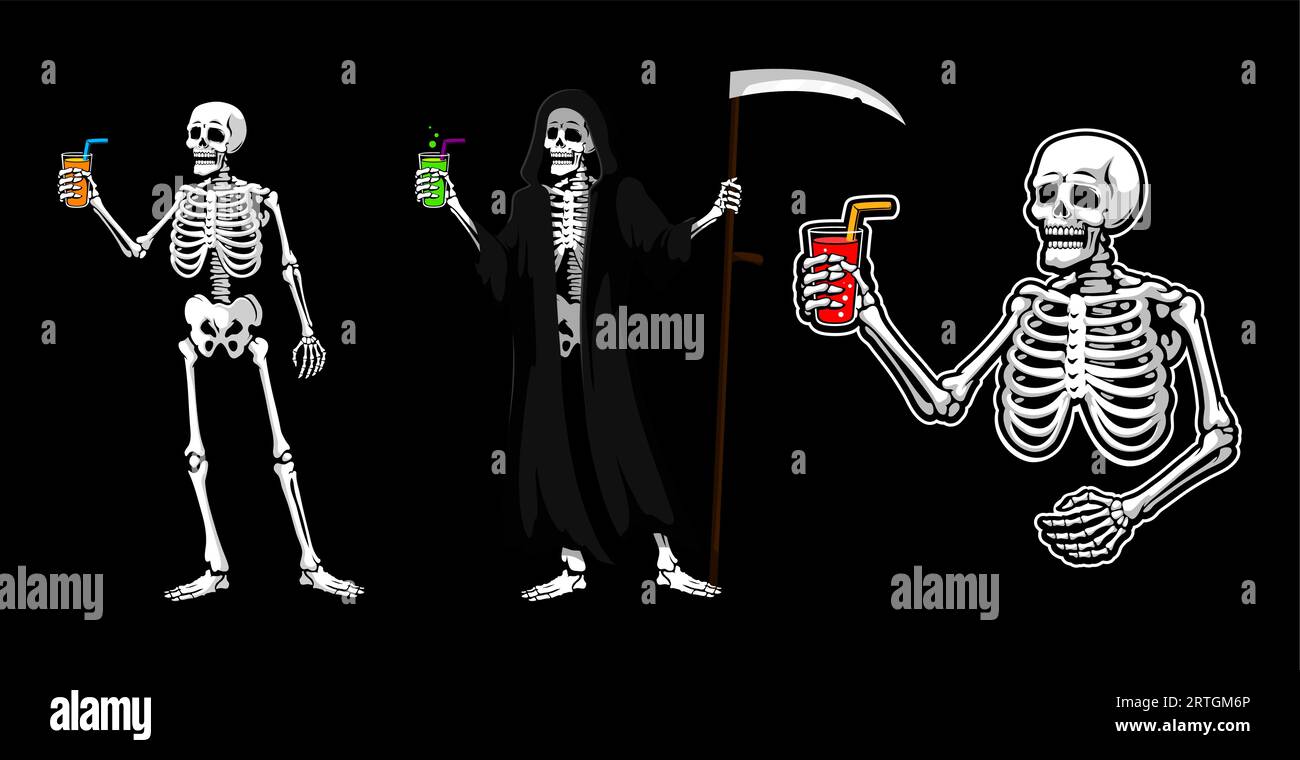 Halloween skeleton and reaper with scythe drinking cocktail. Isolated ...