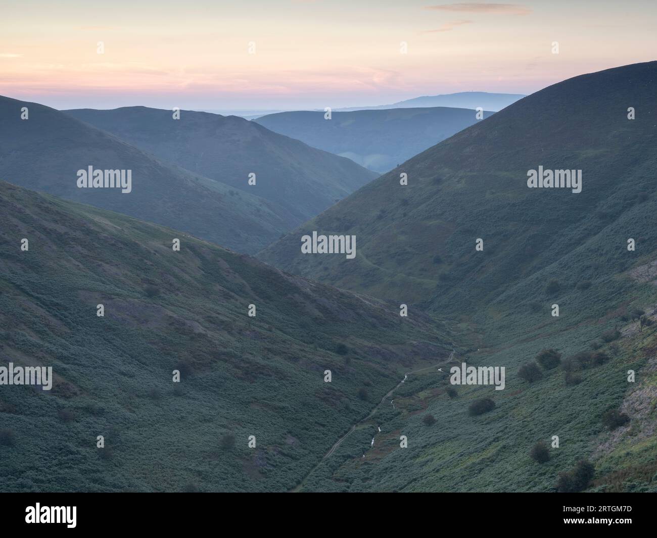 Ashes Hollow, one of the deep valleys cutting into The Long Mynd, an ...
