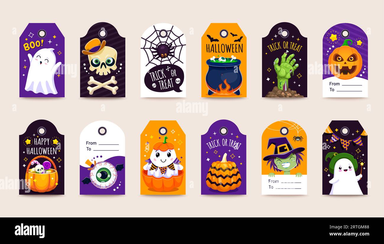 Halloween gift tags. Isolated vector badges with cute ghost, skull ...