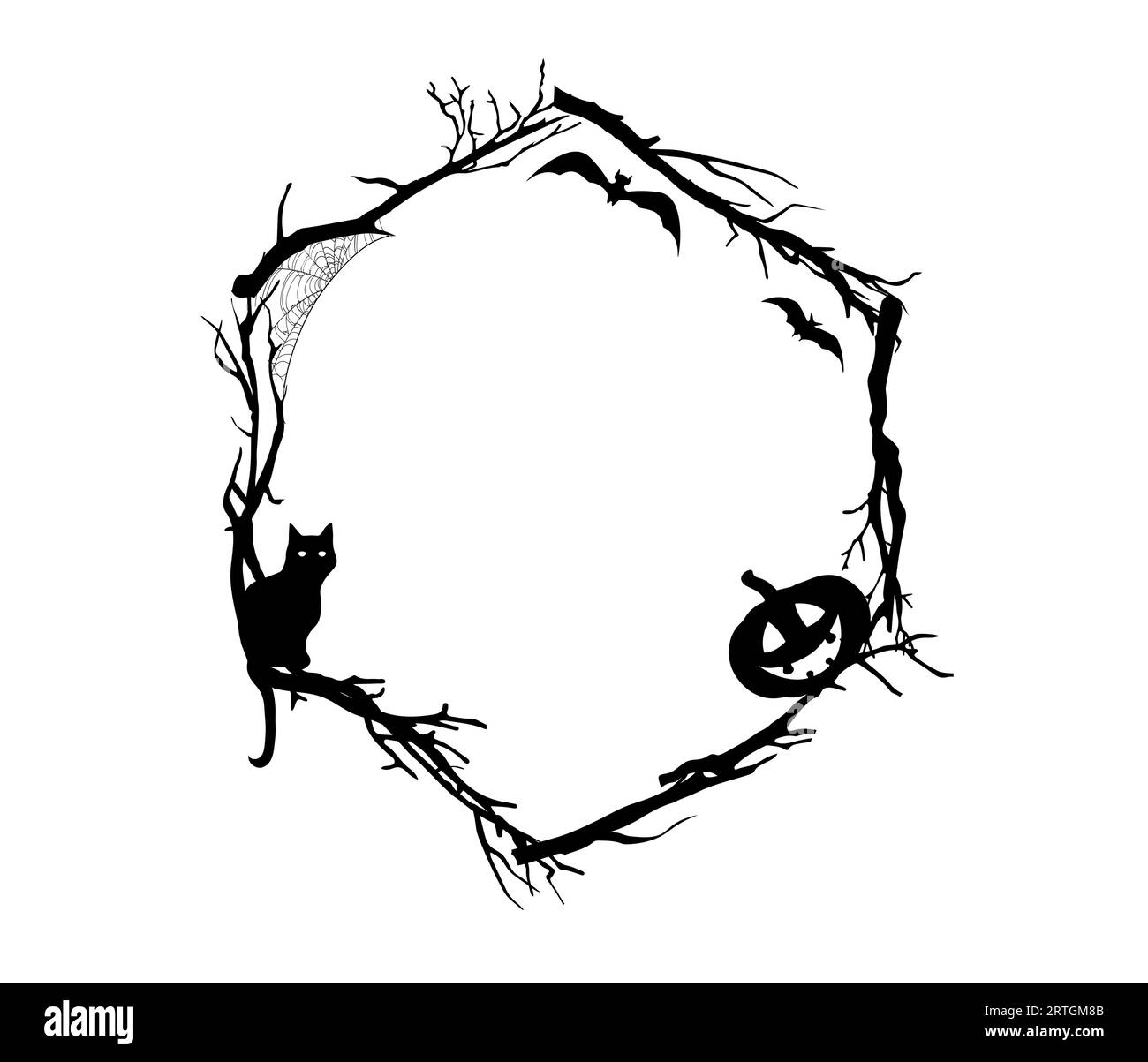 Halloween holiday frame with pumpkin and black cat, vector silhouette ...
