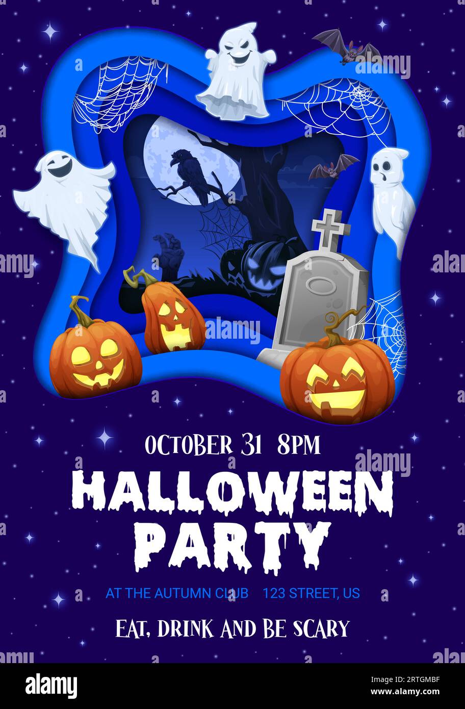 Halloween paper cut party flyer with funny ghosts and pumpkins. Vector ...