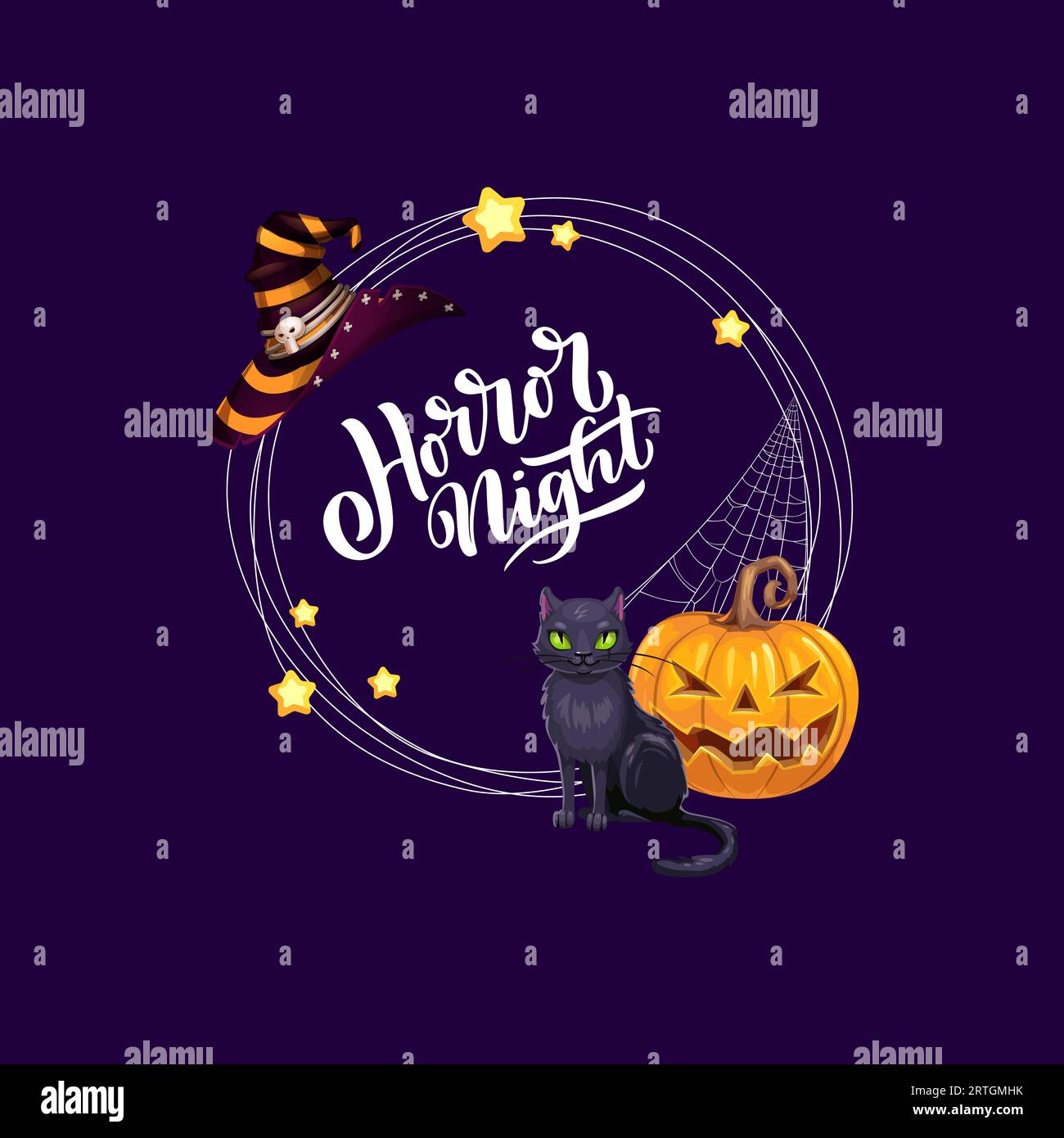 Halloween holiday frame with witch hat, black cat and pumpkin. Vector ...