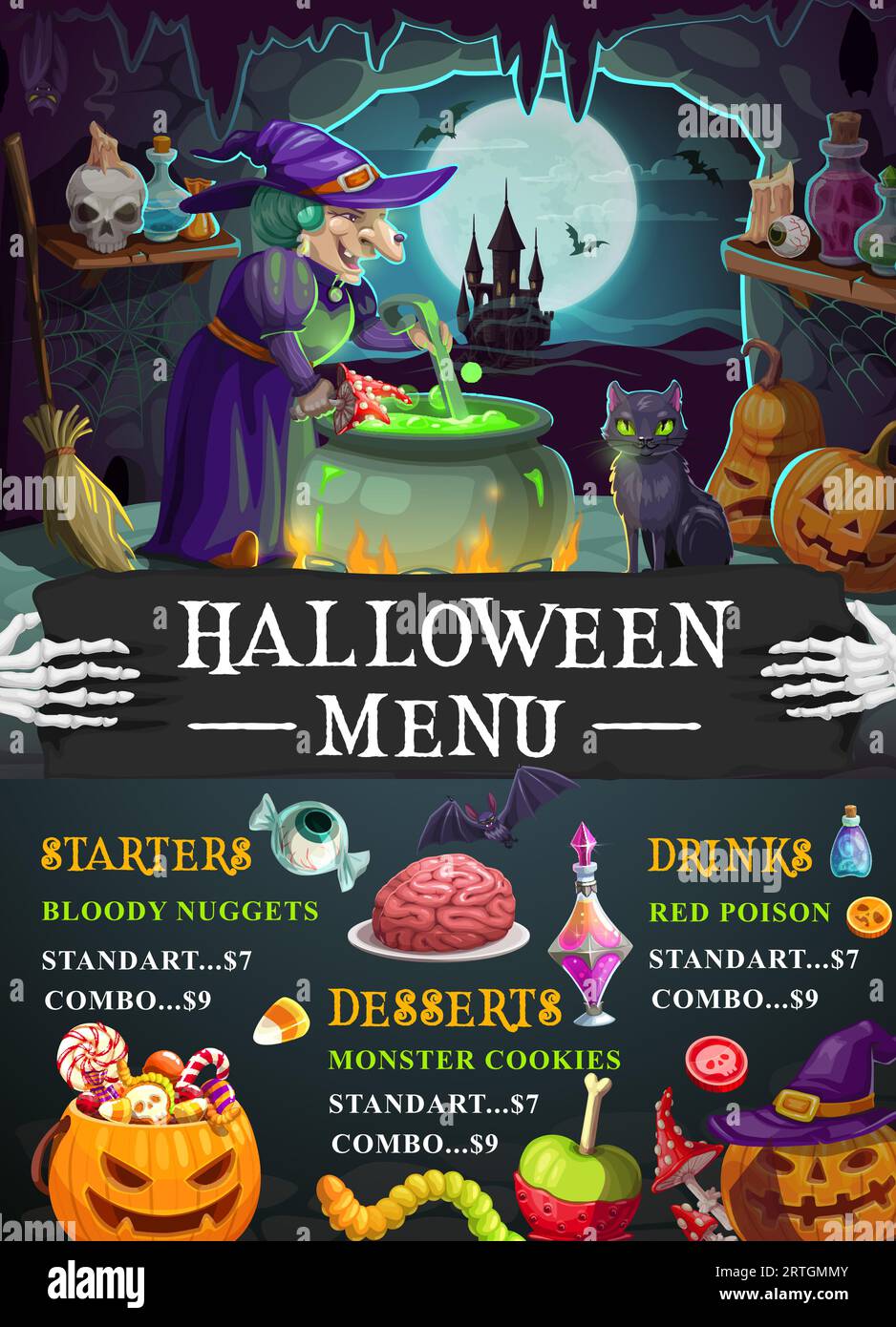Halloween holiday menu template with cartoon spooky witch character ...