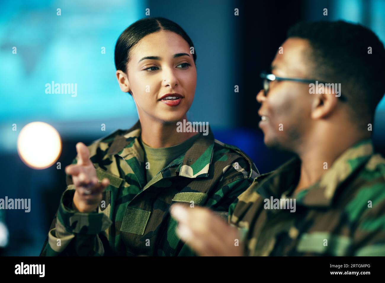 Night, teamwork and people in army with a strategy, cyber security or military communication ...