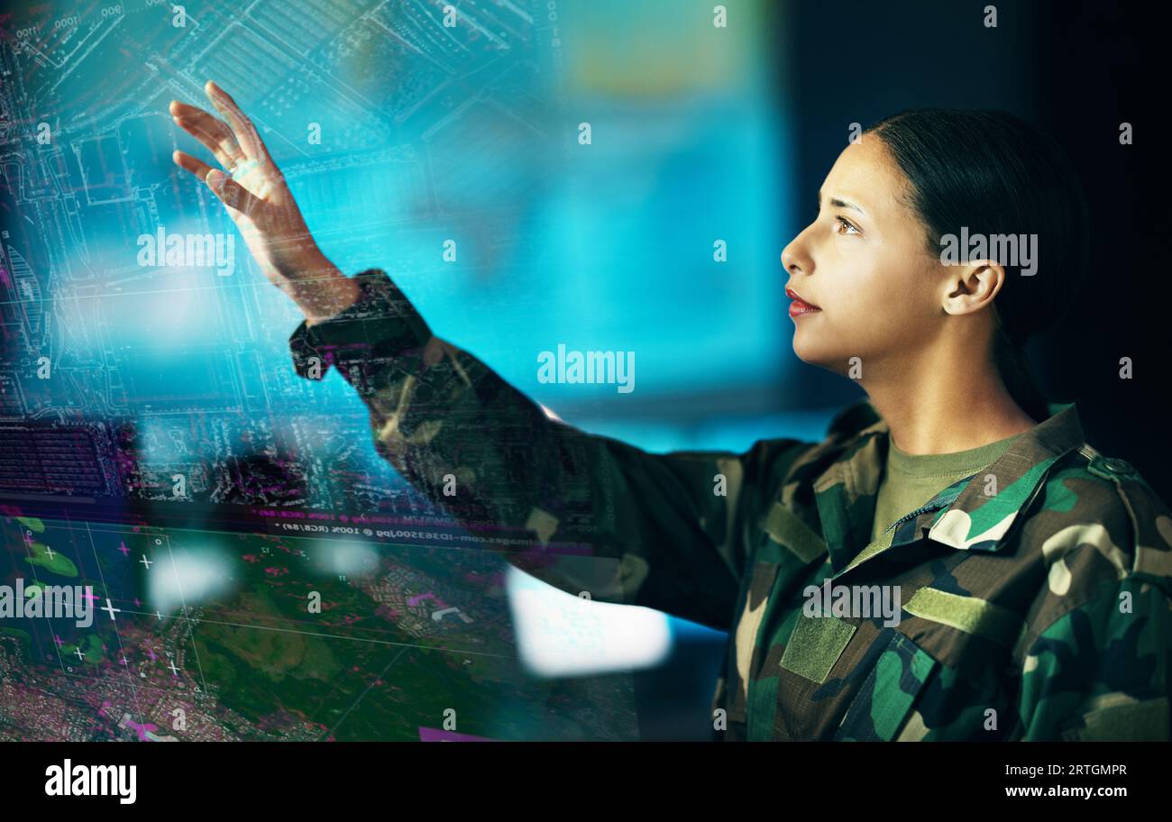 Map, location and a military woman using a dashboard for security ...