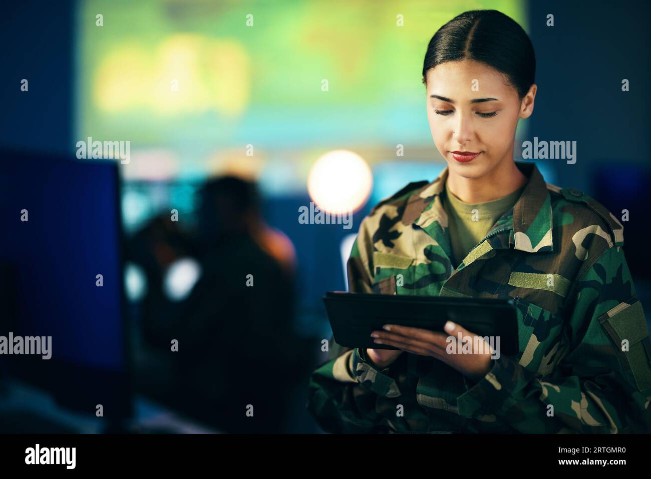 Military, woman and working with tablet in surveillance, control room ...