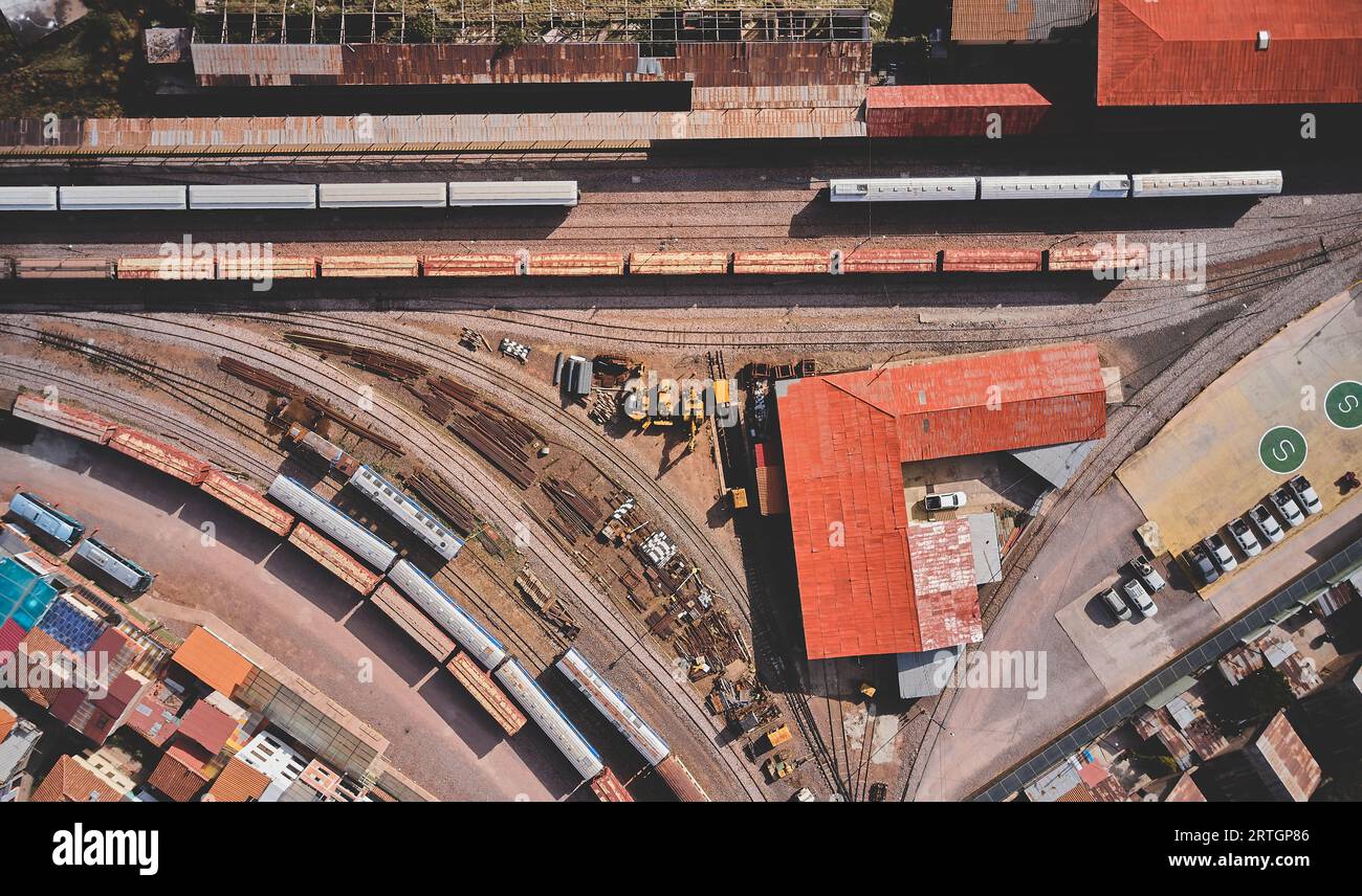 Aerial view of a railway station Wanchaq, Peru Rail, Cusco Peru Stock ...