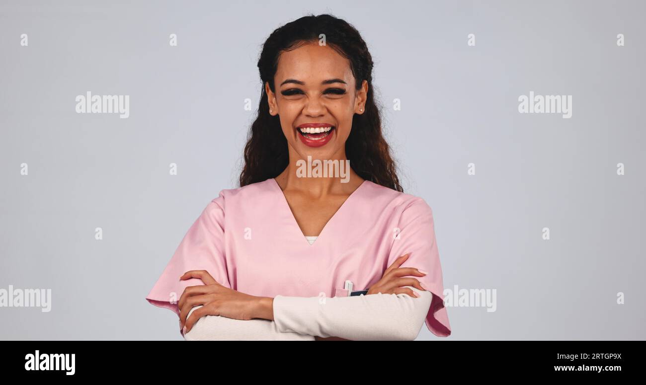 Medical nurse, laughing and a woman in studio with a smile, pride and ...