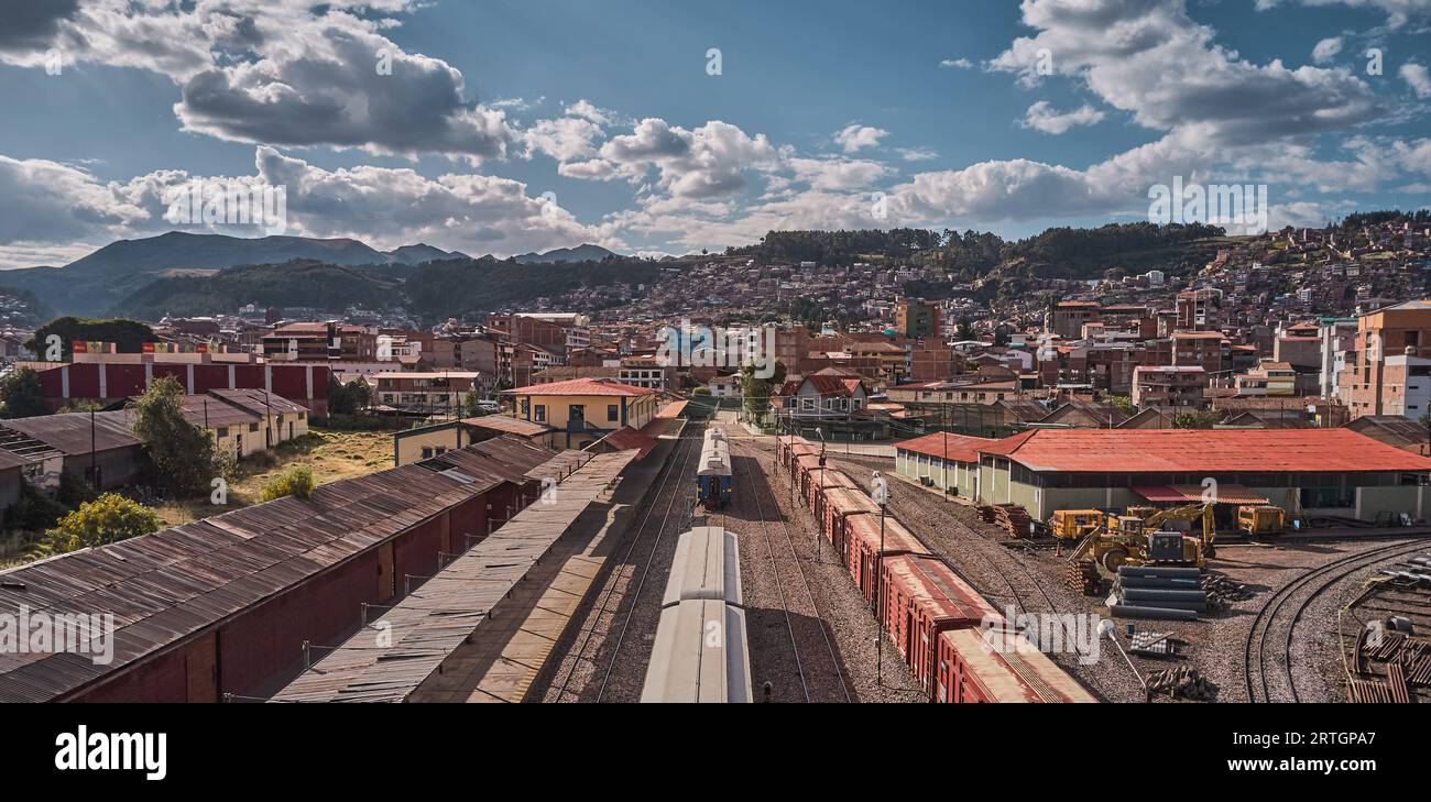 Panoramic view of a railway station Wanchaq, Peru Rail, Cusco Peru ...