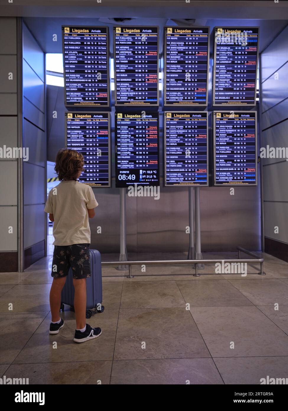 Back view of anonymous child with luggage looking at arrival timetable ...