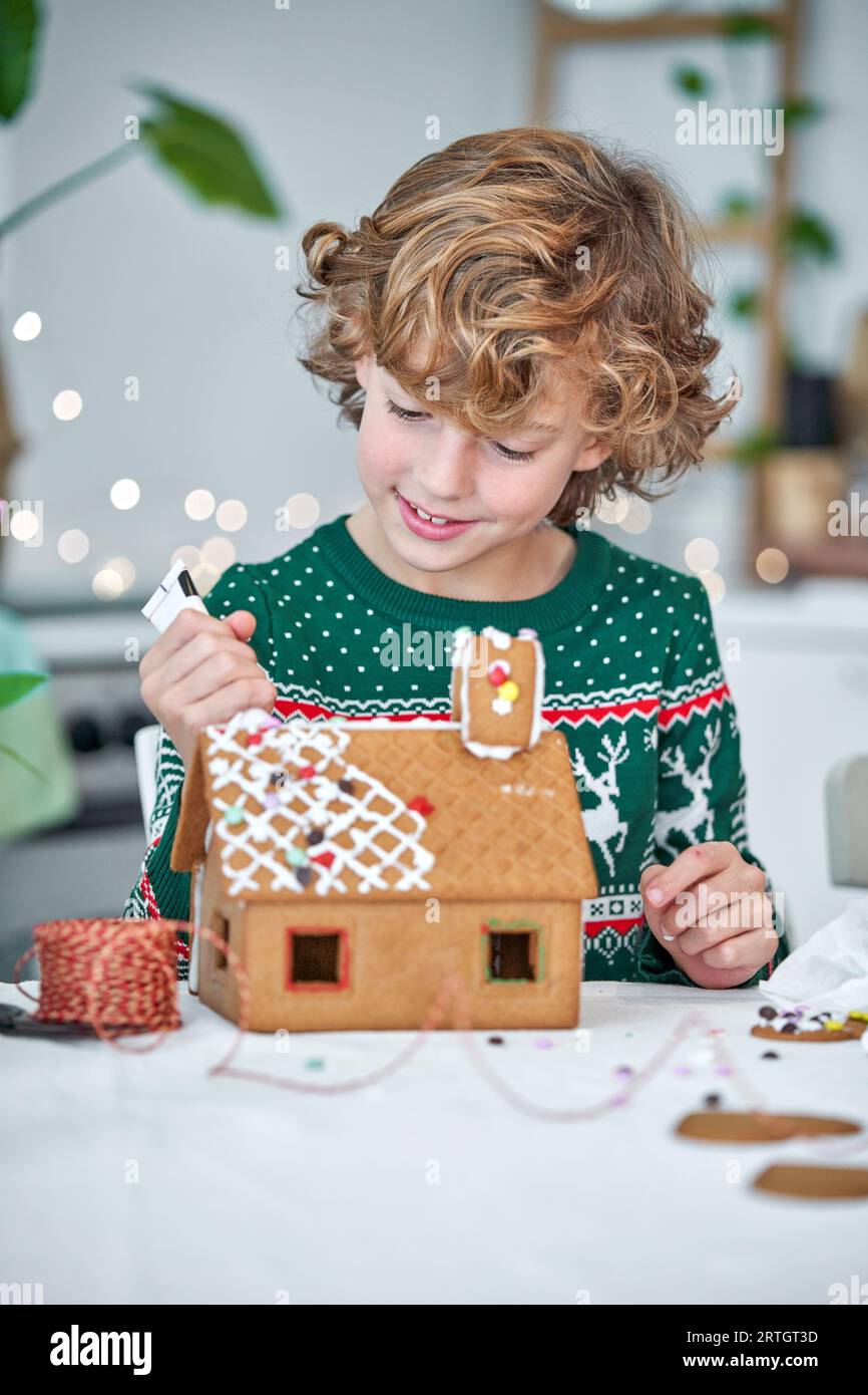 Positive boy in sweater applying sweet icing on baked gingerbread house ...