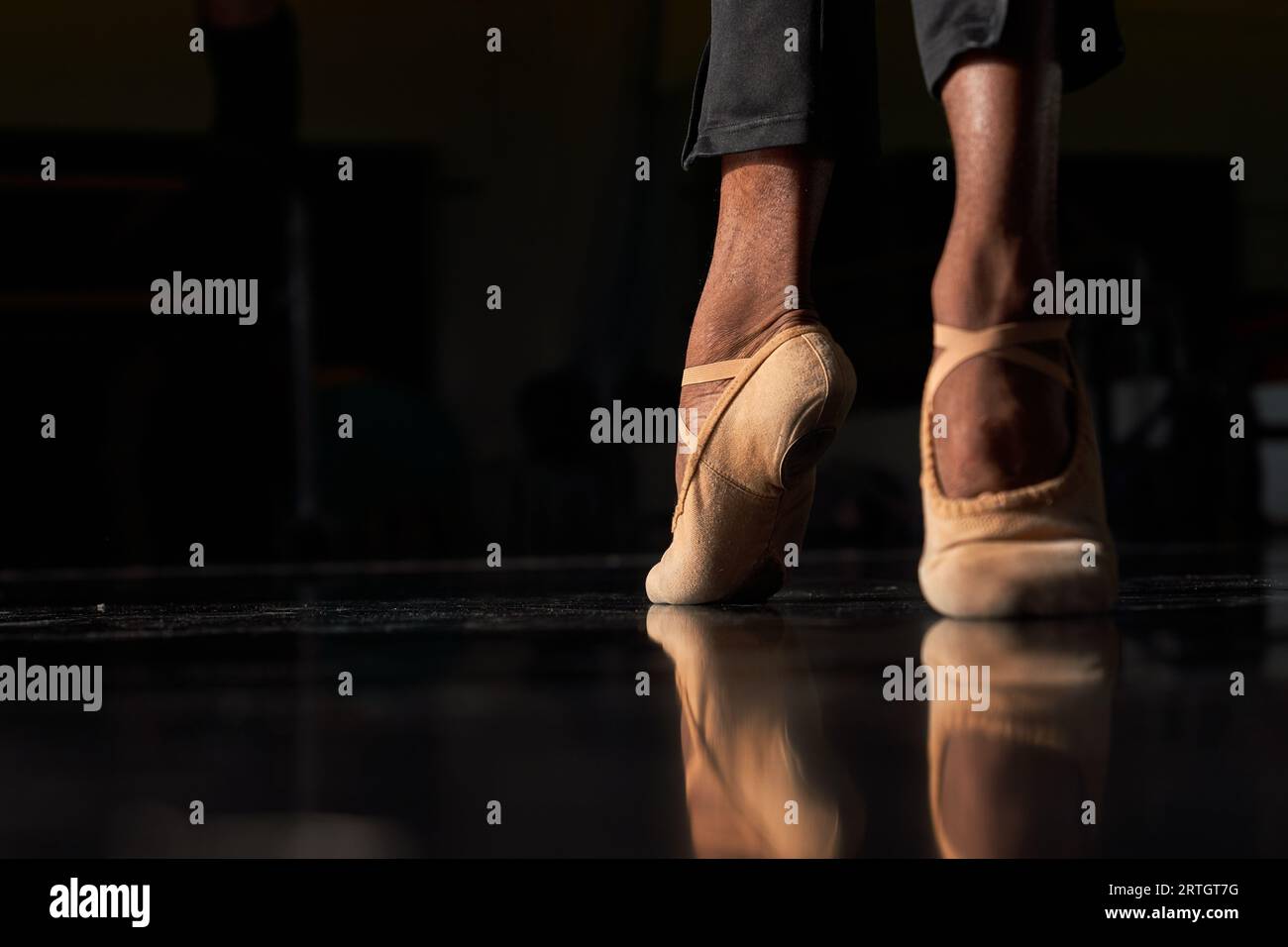 Feet of a professional ballet dancer in a warm-up before rehearsal ...