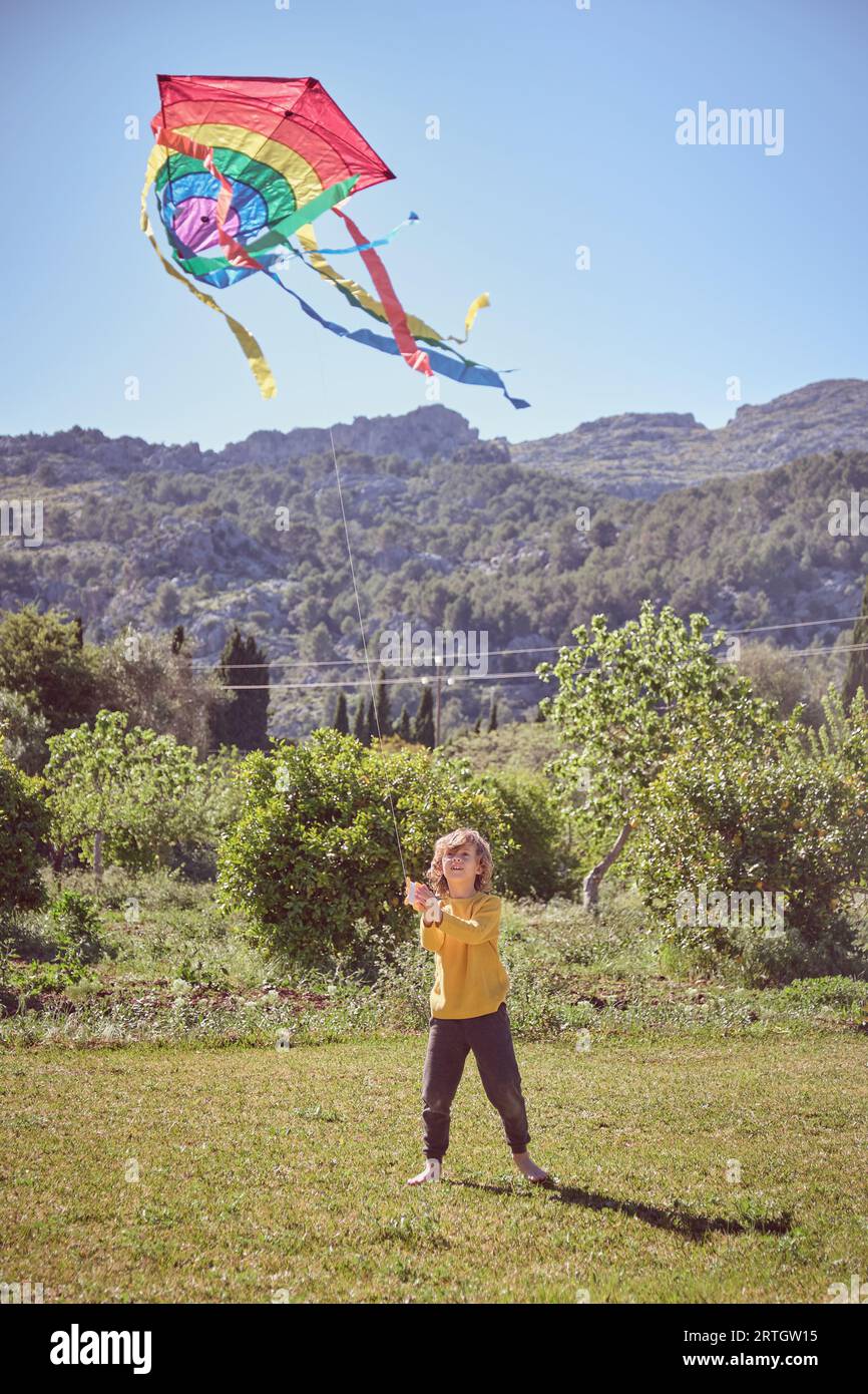 Full body of child in process of playing with colorful kite on glade ...