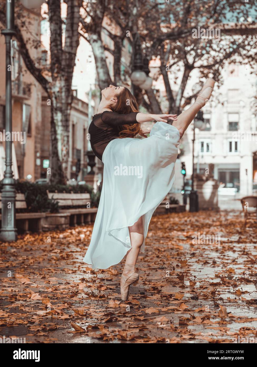 Side view of gentle female in white ballet skirt standing on fallen ...