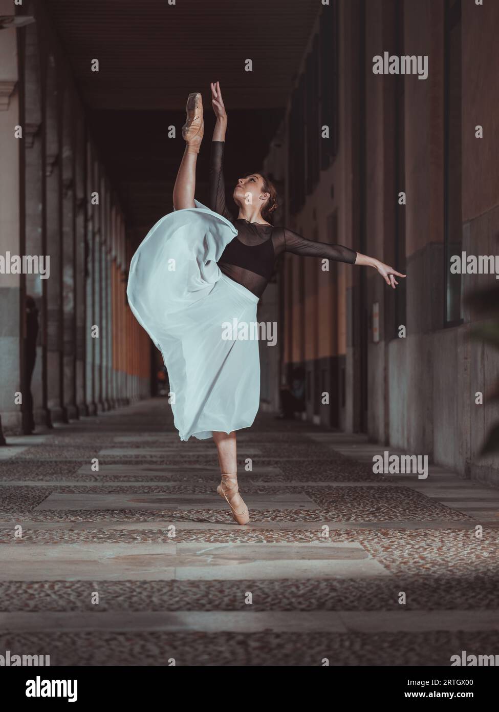 Full body of young flexible female ballet dancer in pointe shoes ...