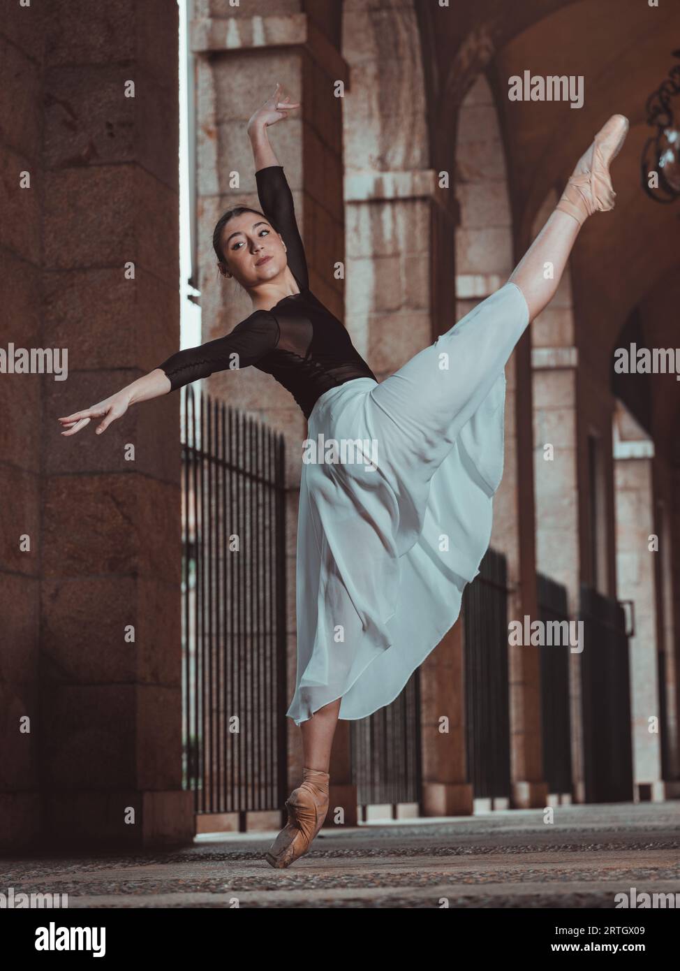 Side view of full body ballerina in silk tutu and pointe shoes raising ...