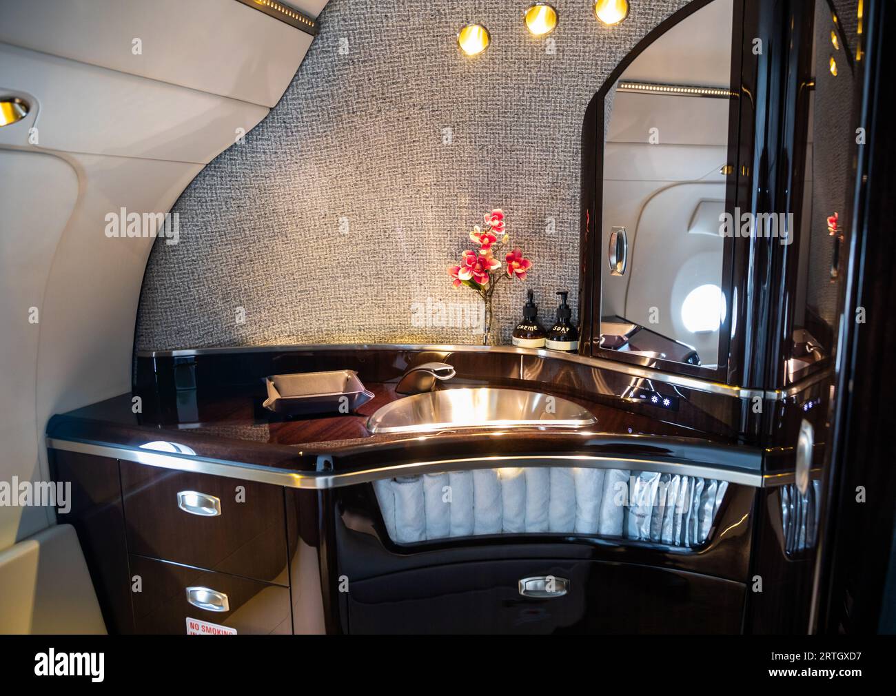 Bathroom onboard a jet at Air Charter Expo 2023 at London Biggin Hill ...