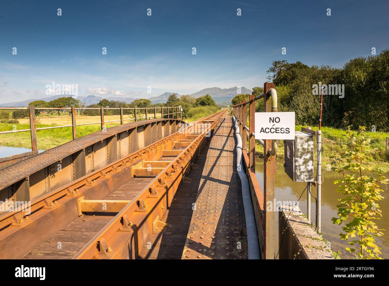 No Access sign attached to a iron single railway track bridge at Ynys ...