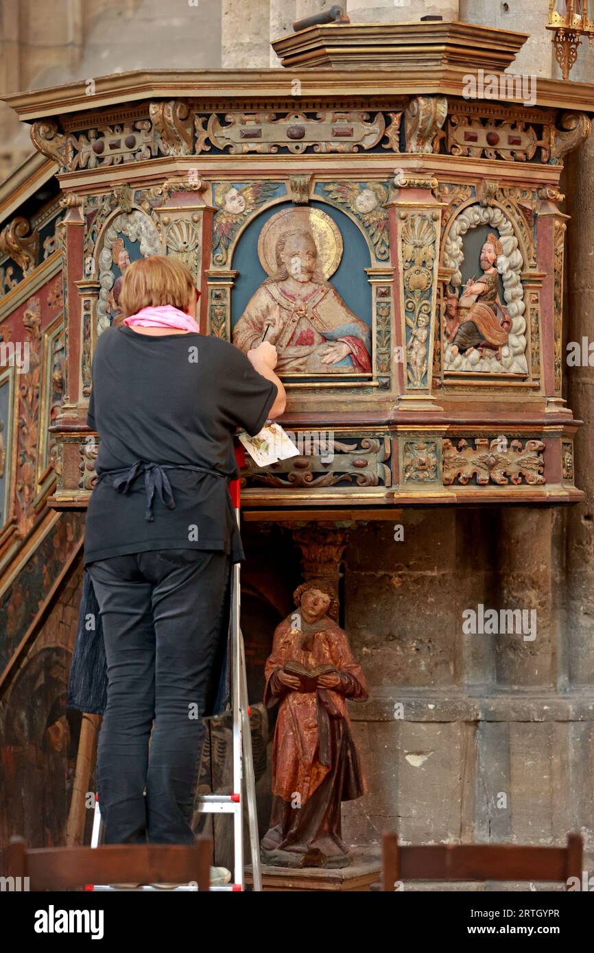 Halberstadt, Germany. 13th Sep, 2023. Restorer Christine Machate is ...