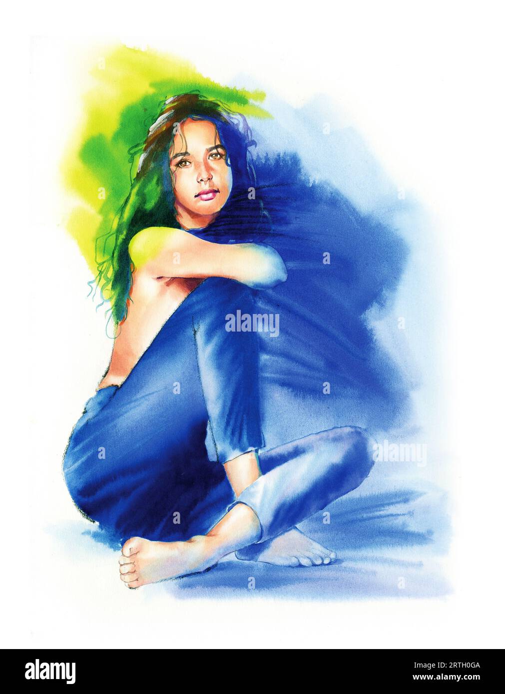 Watercolor woman sitting drawn hi-res stock photography and images - Alamy