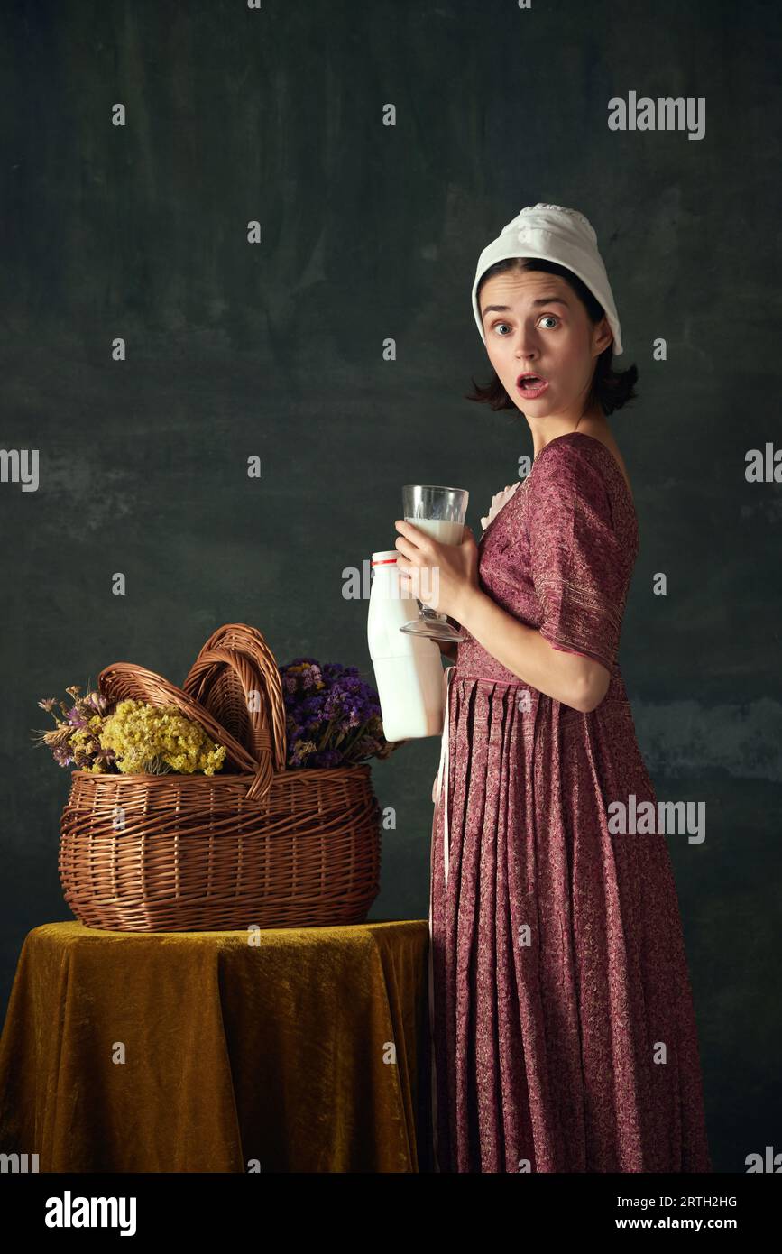 Shock and unexpected meeting. Emotive young woman, medieval maid with ...