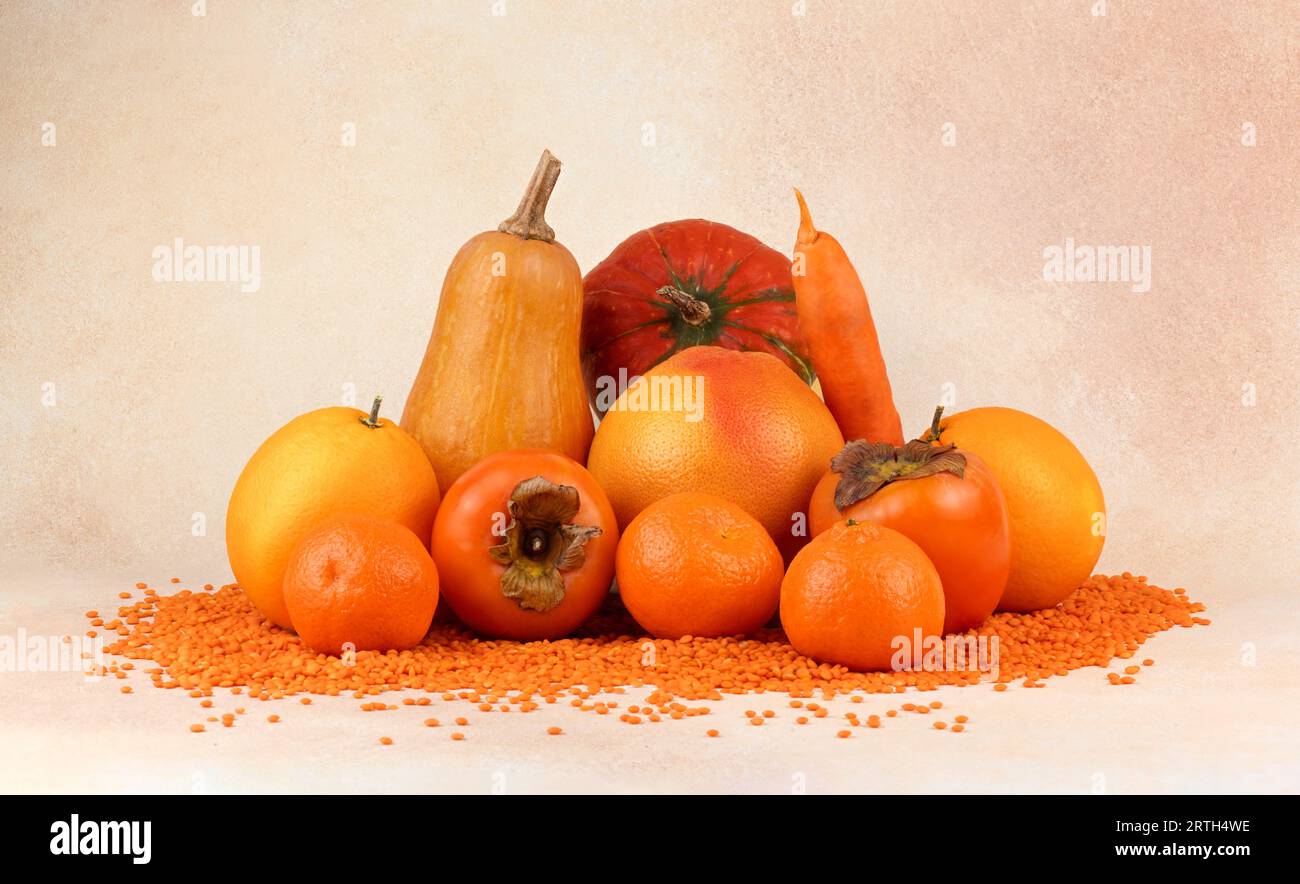 Composition of orange fruits and vegetables. A set of food products ...