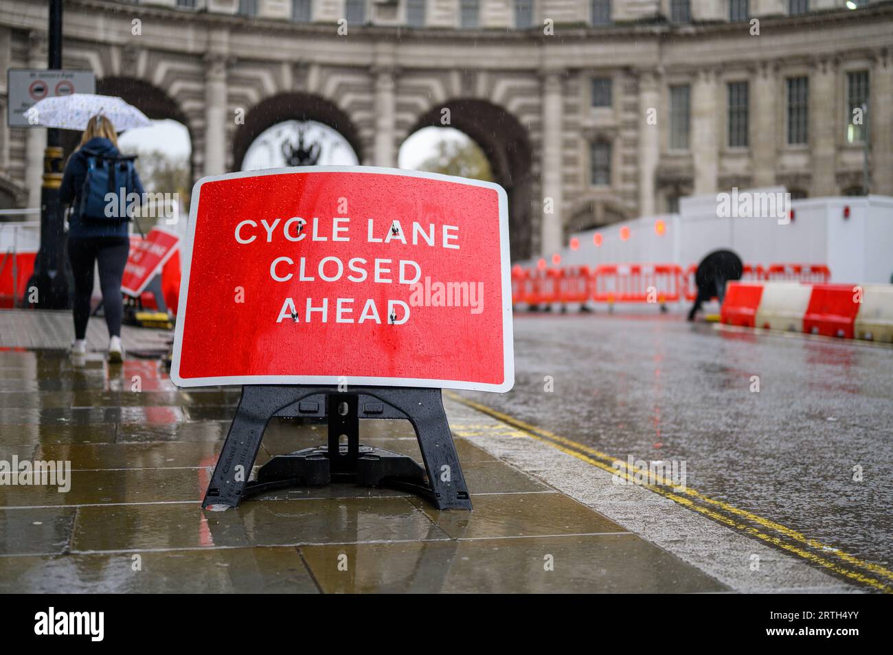 LONDON - April 24, 2023: A red cycle lane closed sign warns of roadwork ...